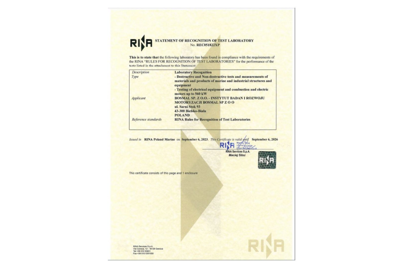 Certyfikat RINA - BOSMAL